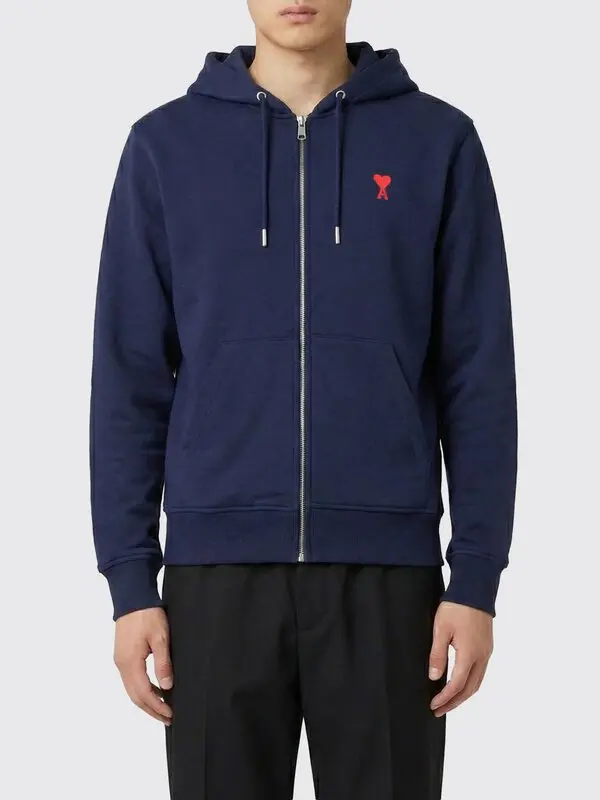 AMI Paris Full Zip Hoodie With Embroidered Logo - Blue