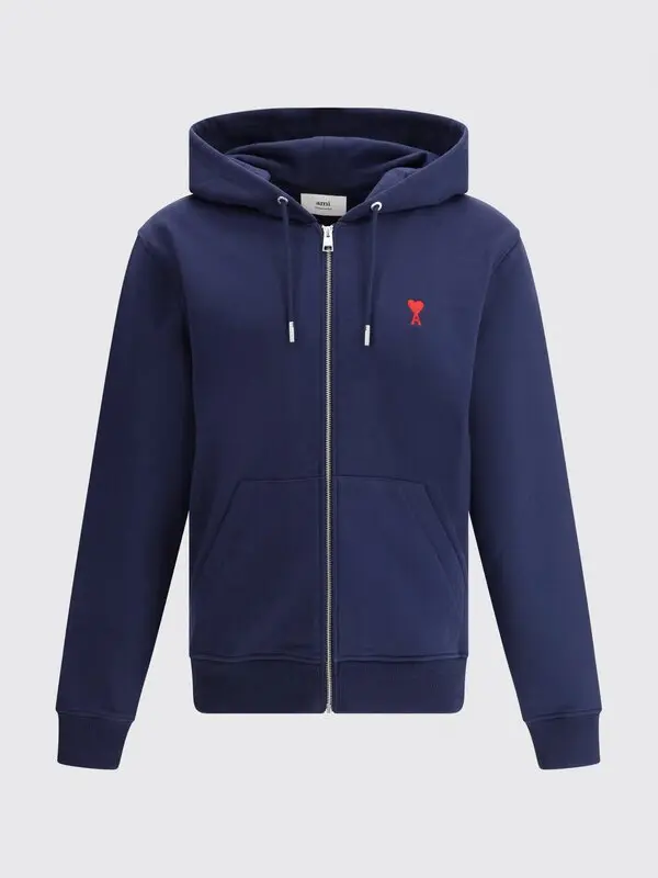 AMI Paris Full Zip Hoodie With Embroidered Logo - Blue