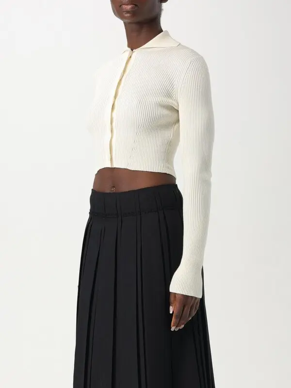 JIL SANDER Ribbed Knit Collared Cropped Sweater - White