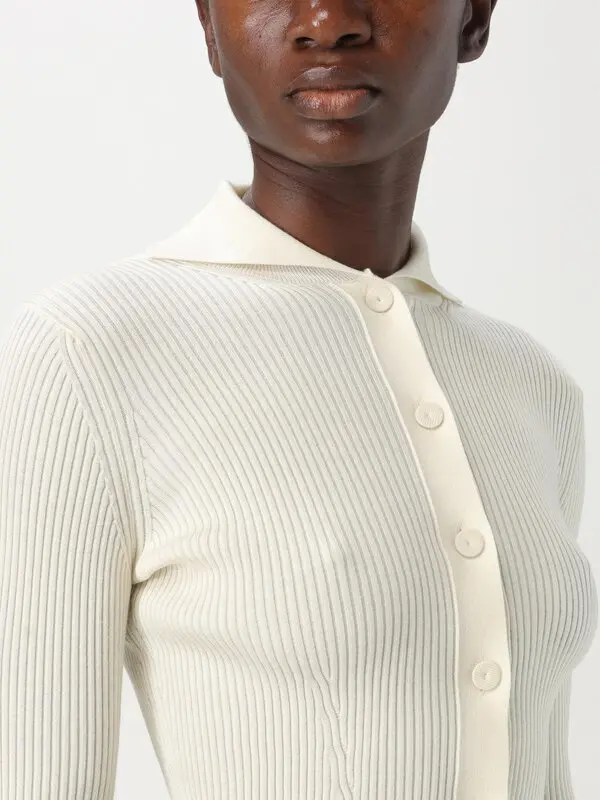JIL SANDER Ribbed Knit Collared Cropped Sweater - White
