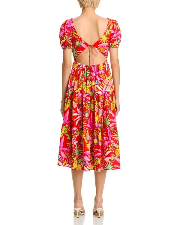 Aqua Floral Cutout Tie-back Midi Dress