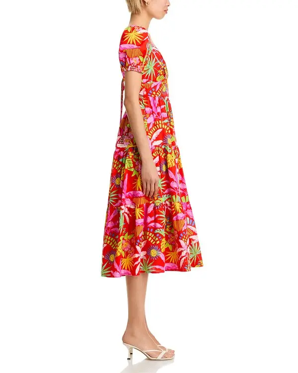 Aqua Floral Cutout Tie-back Midi Dress