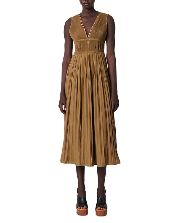 Maje Jewelry Neckline Pleated Midi Dress - Khaki