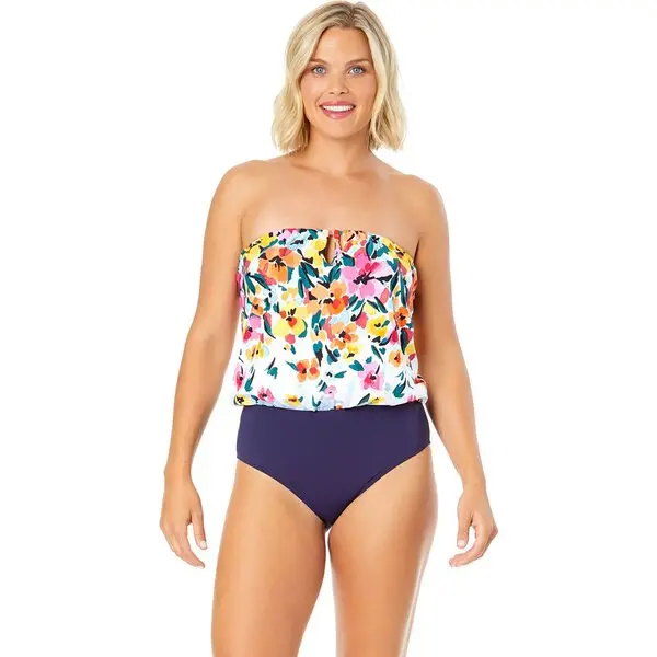 ANNE COLE Strapless Blouson One Piece Swimsuit - Gradient Floral