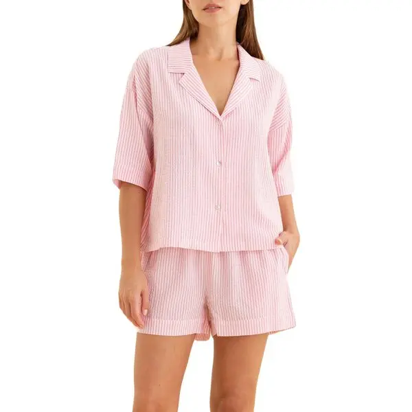 PAPINELLE Sabine Seersucker Stripe Boxer Short Pajamas - Wild Rose
