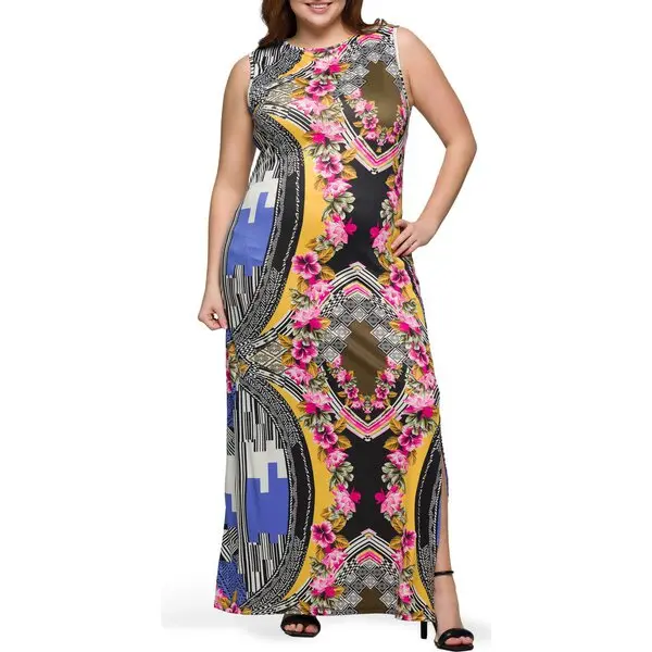 24SEVEN COMFORT APPAREL Mix Print Maxi Dress - Pink Multi