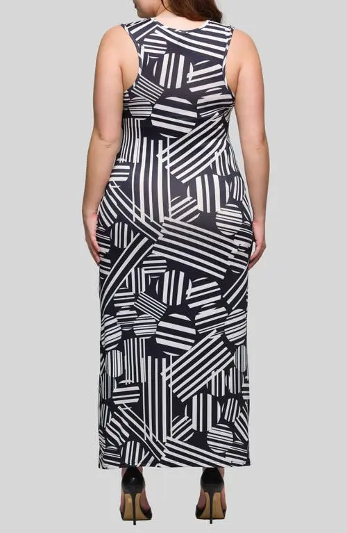 24SEVEN COMFORT APPAREL Mixed Geometric Print Knit Maxi Dress