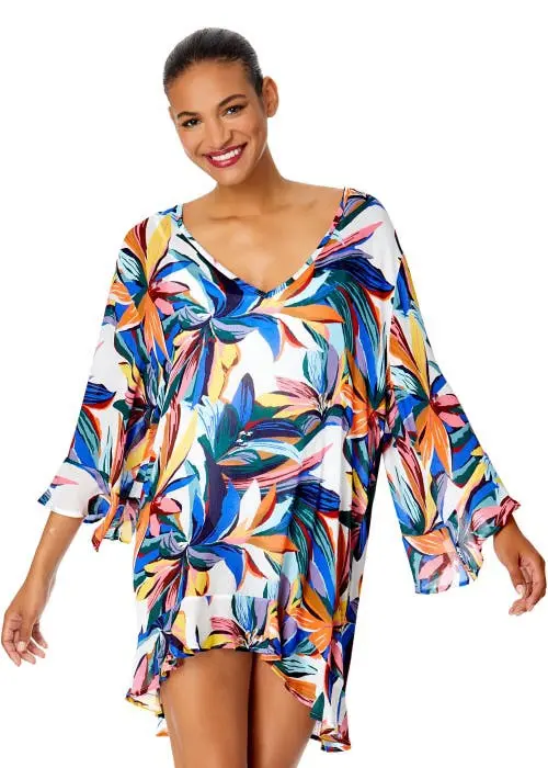 ANNE COLE Flounce V Neck Tunic Swimsuit Cover Up - Riviera Floral