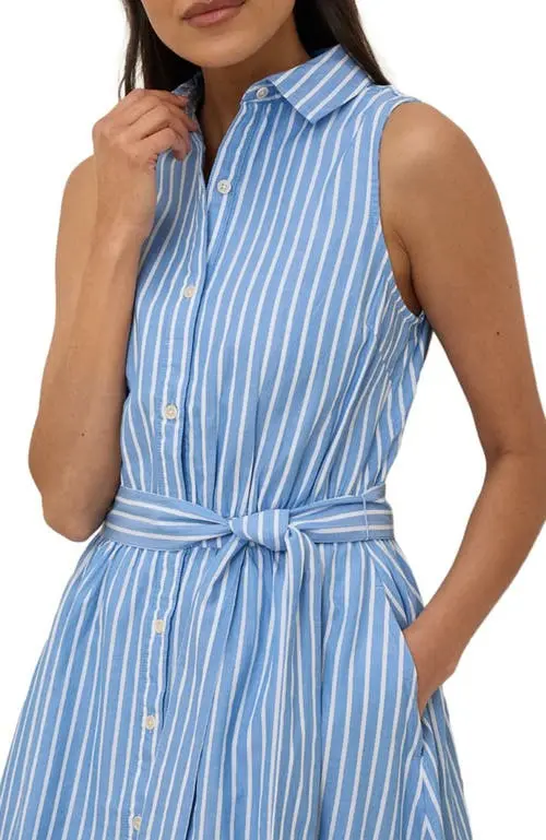 PACT Organic Cotton Lightweight Sleeveless Shirt Dress - Blue Bondi Stripe