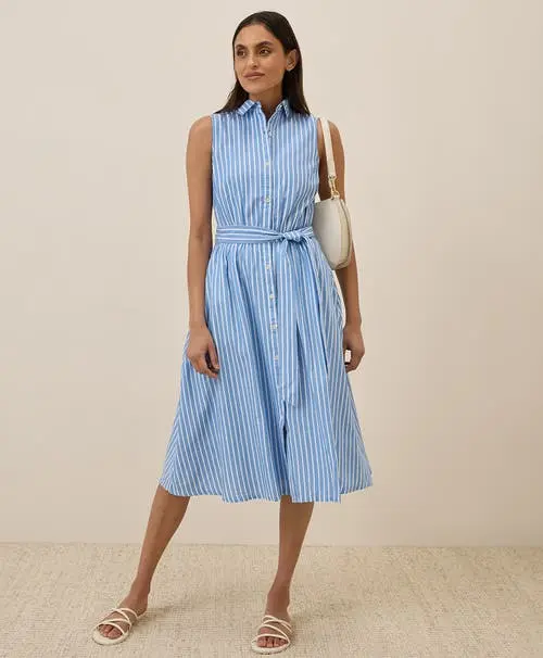 PACT Organic Cotton Lightweight Sleeveless Shirt Dress - Blue Bondi Stripe