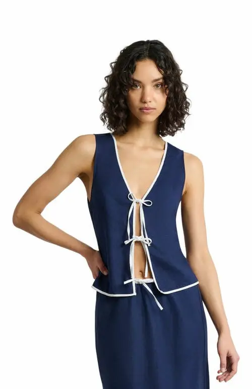Onia Air Linen Tie Front Tank - Deep Navy/white