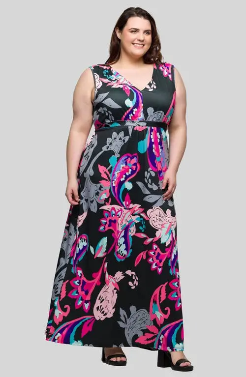24SEVEN COMFORT APPAREL V-neck Maxi Dress - Pink Multi