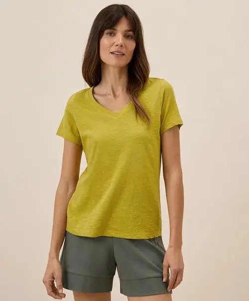 PACT Organic Cotton Featherweight Slub V-neck Tee - Chartreuse