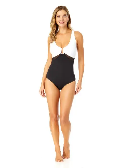 ANNE COLE Mesh Insert One Piece Swimsuit - Black & White