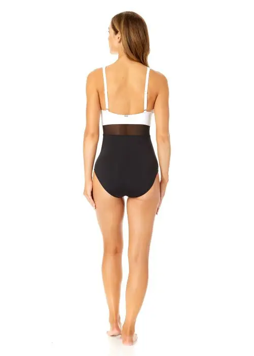 ANNE COLE Mesh Insert One Piece Swimsuit - Black & White