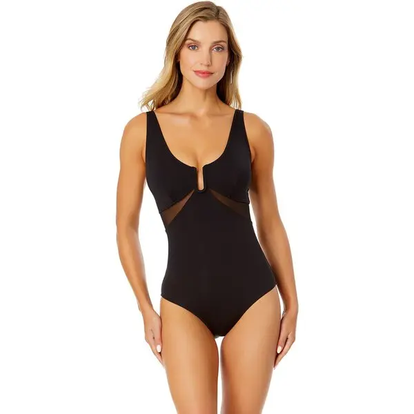 ANNE COLE Mesh Insert One Piece Swimsuit - Black