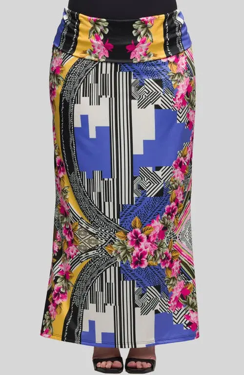 24SEVEN COMFORT APPAREL Print Maxi Skirt - Blue Multi