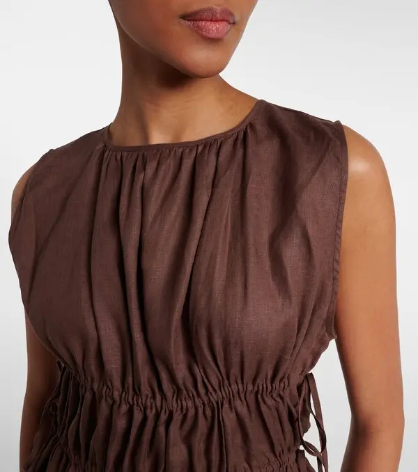 Asceno Gathered Linen Minidress - Brown