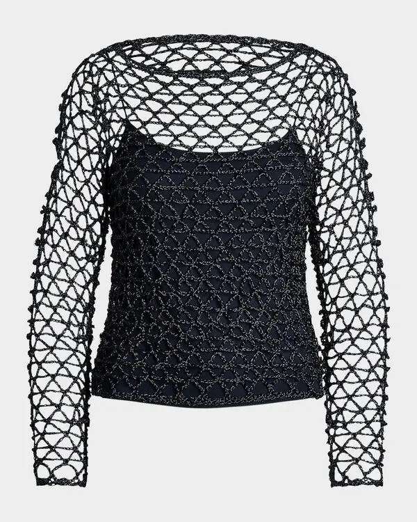 Ralph Lauren Metallic Crochet Knit Sweater - Navy