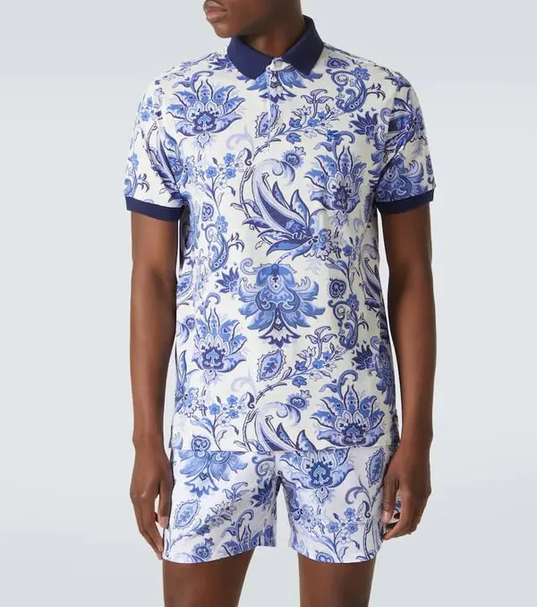 Etro Floral Cotton Pique Polo Shirt - Blue