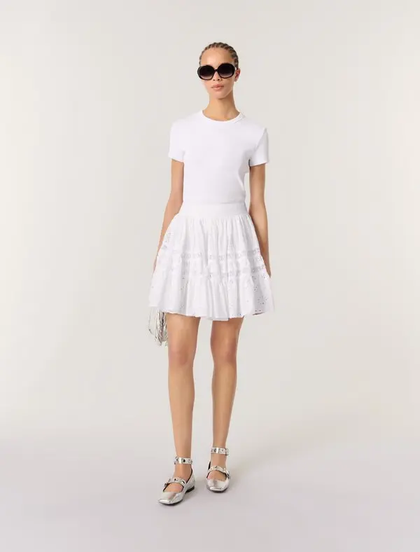 Maje Short Embroidered Cotton Skirt With Lace Detailing