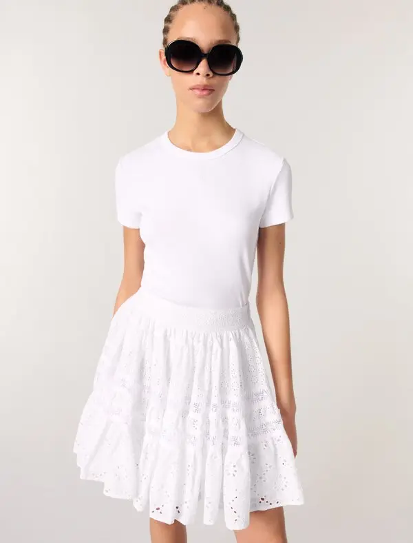 Maje Short Embroidered Cotton Skirt With Lace Detailing