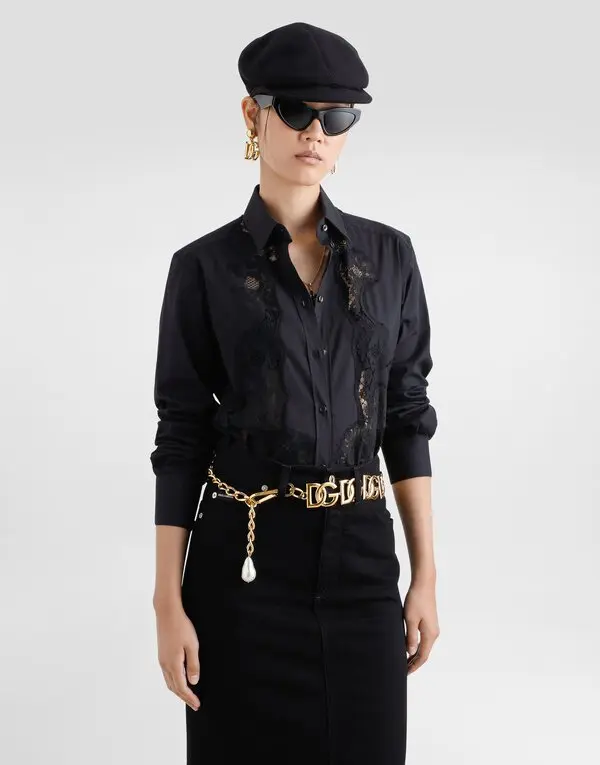 Dolce & Gabbana Cotton Poplin Shirt With Lace Inlay - Black