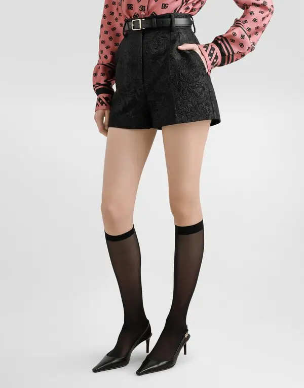 Dolce & Gabbana Quilted Floral Jacquard Shorts With Logo - Black
