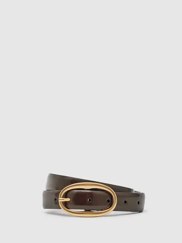 REISS Patent Leather Belt With Oval Buckle - Chocolate
