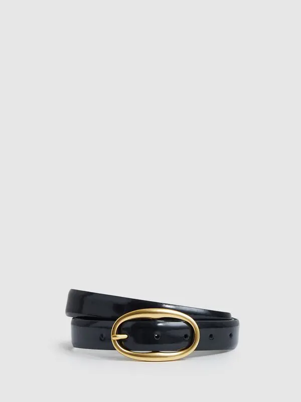 REISS Patent Leather Belt With Oval Buckle - Navy