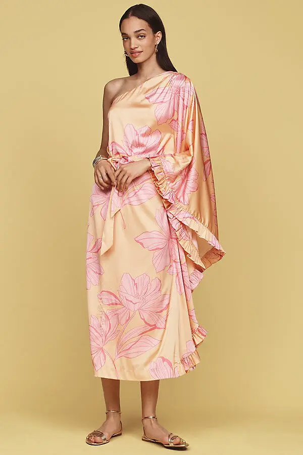 HUTCH Morgan One-sleeve Tie-waist Midi Dress - Yellow Pattern