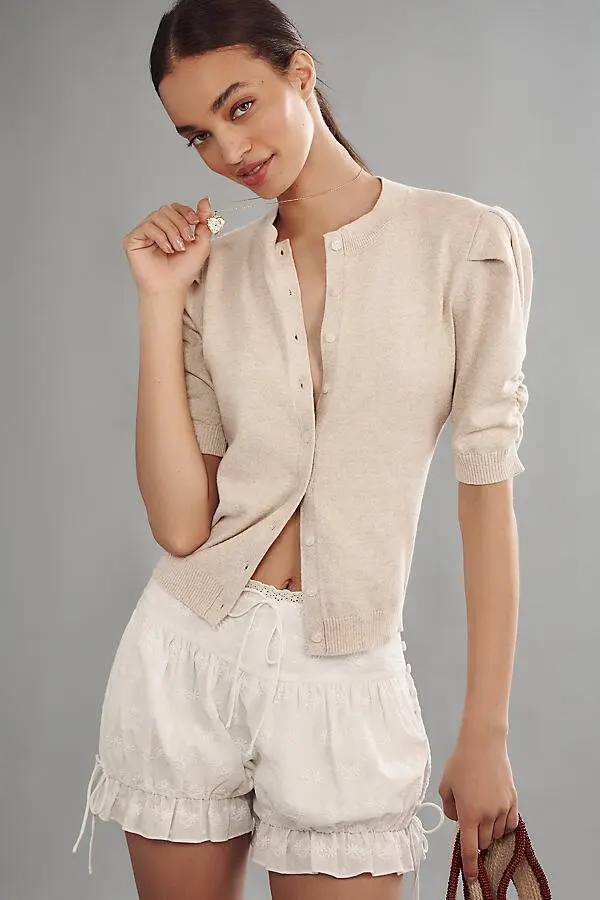 Anthropologie Cotton Cashmere Puff-sleeve Cardigan - Sand