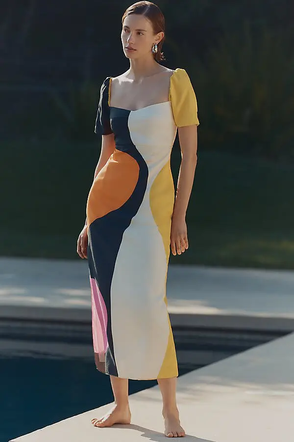 Cala De La Cruz Tia Short-Sleeve Linen Midi Dress In Multicolor - 50% Off |  Editorialist