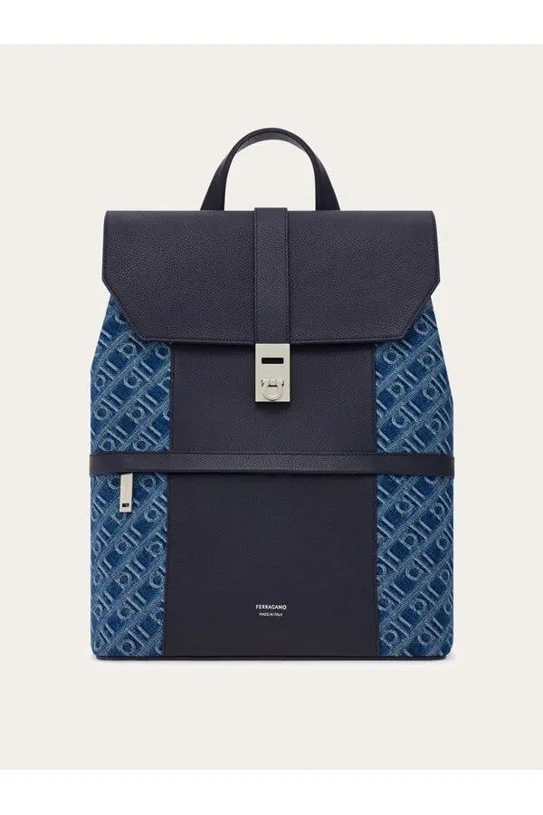 FERRAGAMO Monogram Backpack With Gancini Buckle - Denim