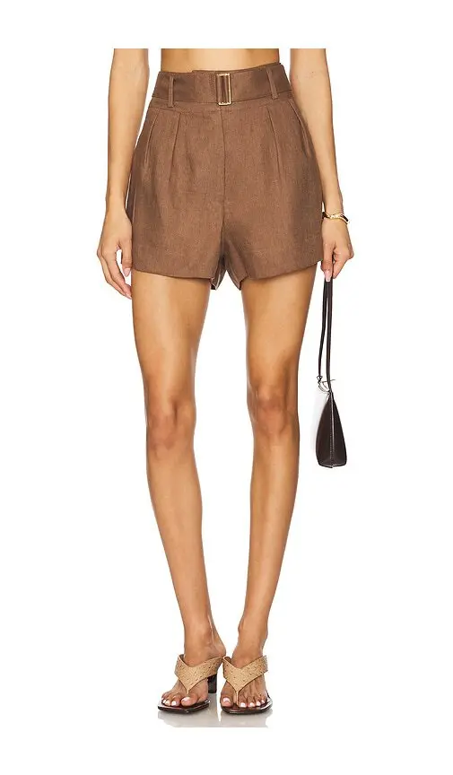 HEVRON Zinna Belted Linen Shorts - Chocolate