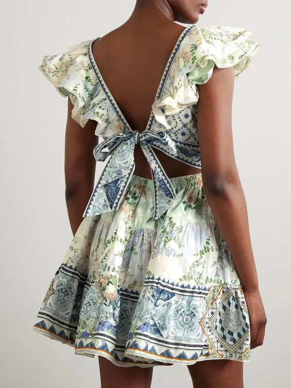 Camilla Cutout Ruffled Printed Organic Cotton Mini Dress - Blue