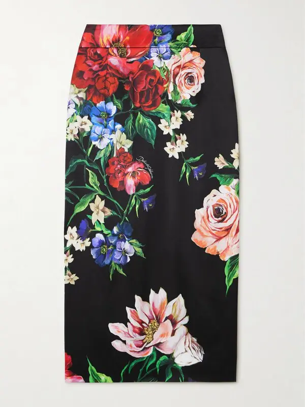 Dolce & Gabbana Floral-print Satin Midi Skirt - Black