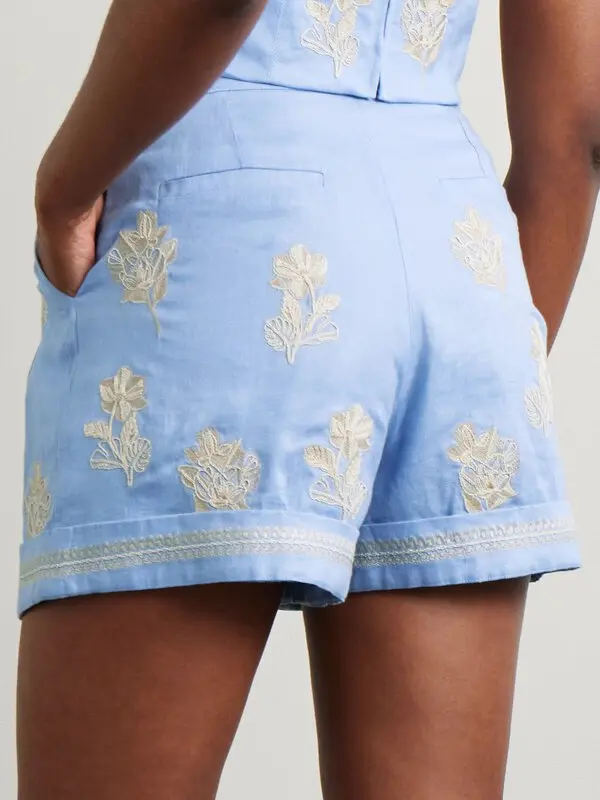 Agua Bendita Romy Madera Embroidered Linen Shorts
