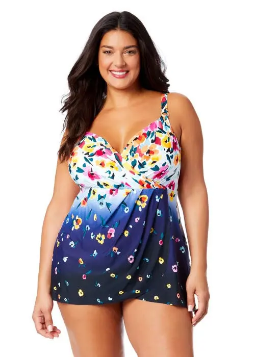 ANNE COLE PLUS Floral Swim Dress With Skirted Bottom - Gradient Floral