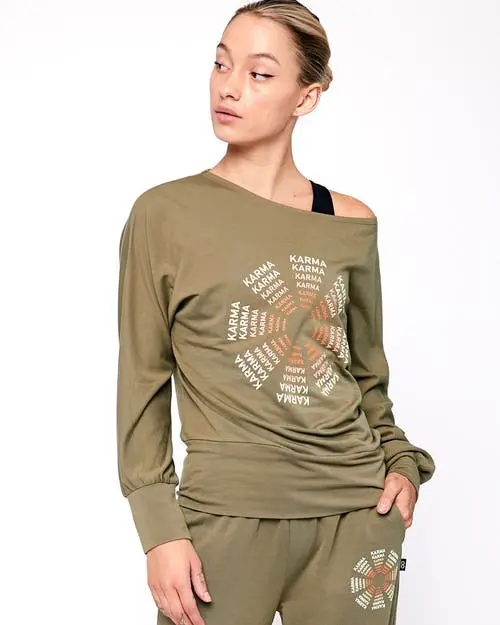 REBODY Karma Graphic Long Sleeve Top - Olive/print