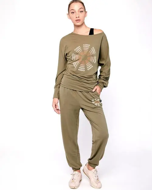 REBODY Karma Graphic Long Sleeve Top - Olive/print