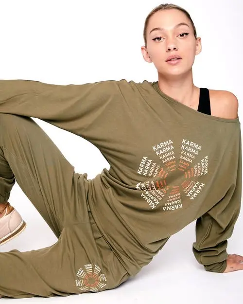 REBODY Karma Graphic Long Sleeve Top - Olive/print