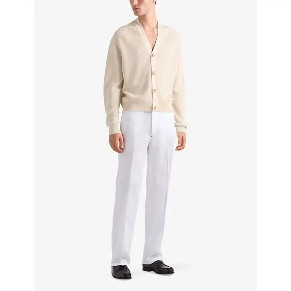 Prada Straight-leg Linen Trousers With Triangle Logo