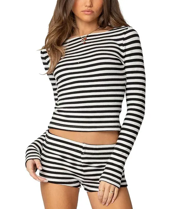 EDIKTED Hali Striped Knit Top - Black And White