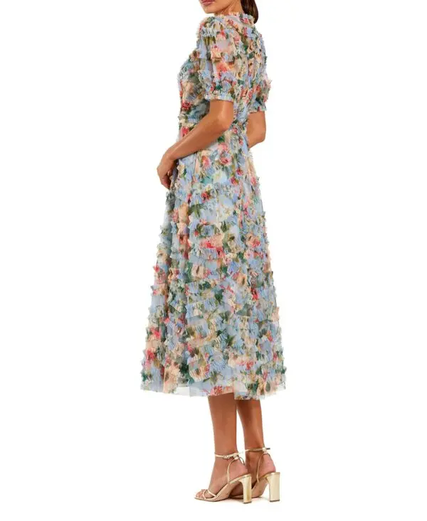 Mac Duggal Floral Printed Mesh Ruffle High Neck Midi Dress - Blue Multi