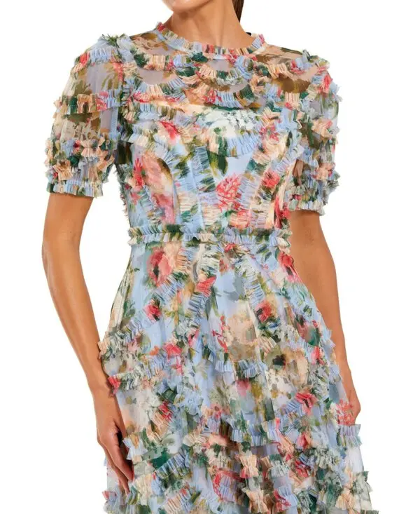 Mac Duggal Floral Printed Mesh Ruffle High Neck Midi Dress - Blue Multi