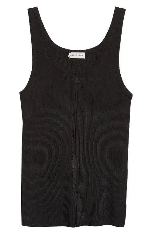 GRACE LING Logo Tag Ribbed Tank - Black