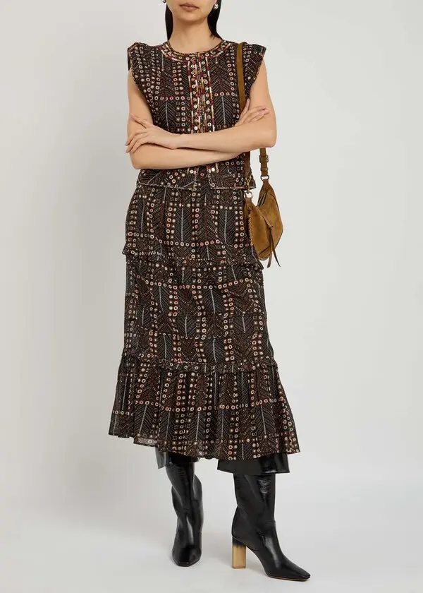 Isabel Marant Étoile Diya Printed Cotton Midi Skirt - Black