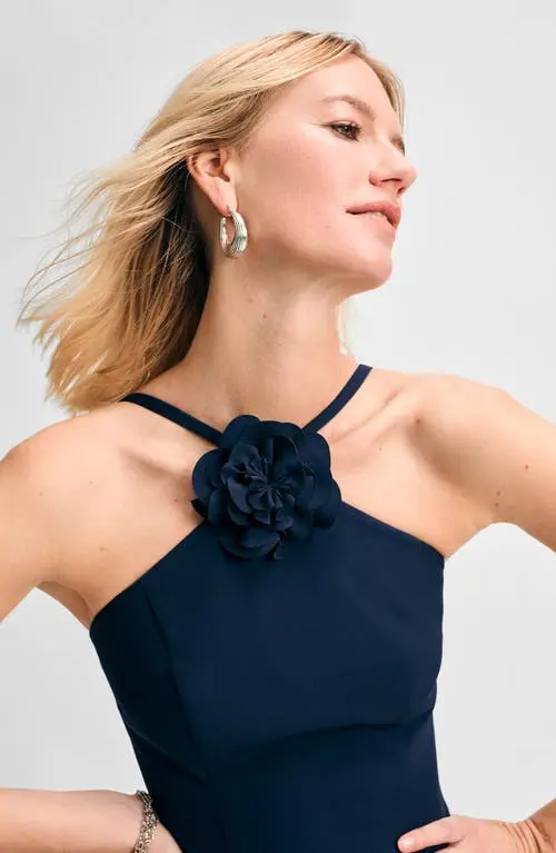 ISAAC MIZRAHI NEW YORK Rosette Halterneck Sheath Dress