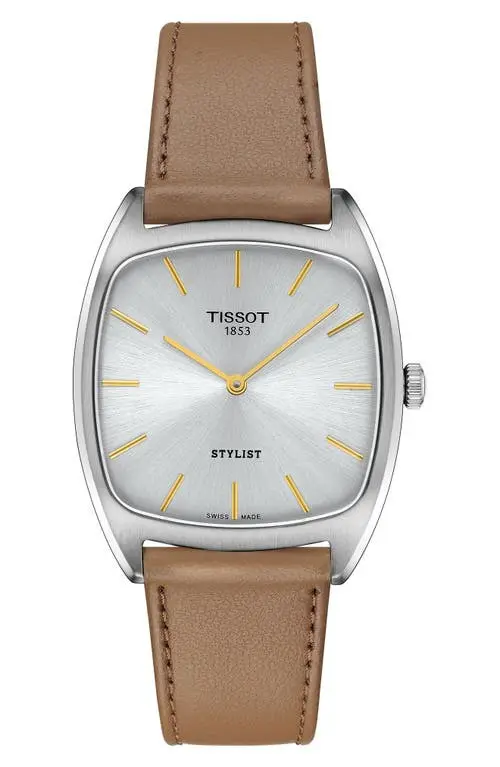 TISSOT Stylist Leather Strap Watch - Silver